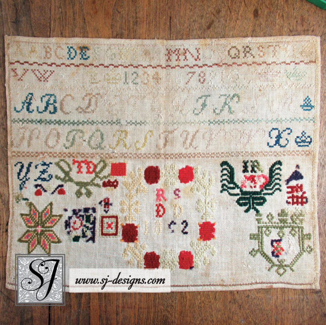 1852 small German sampler with alphabets & crowns | SJ Designs