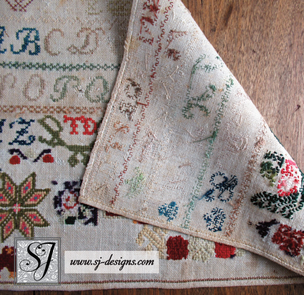 1852 small German sampler with alphabets & crowns | SJ Designs
