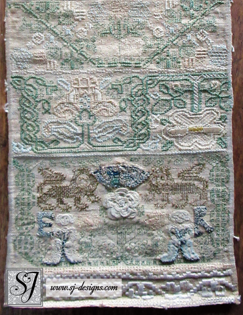 c1620 English band sampler with rose, lions & boxers SOLD | SJ Designs