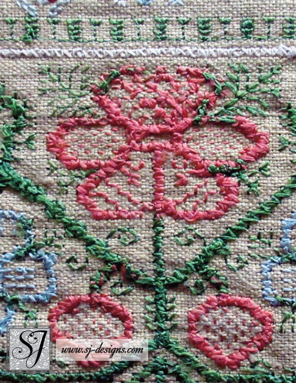 c1620 English band sampler with rose, lions & boxers SOLD | SJ Designs