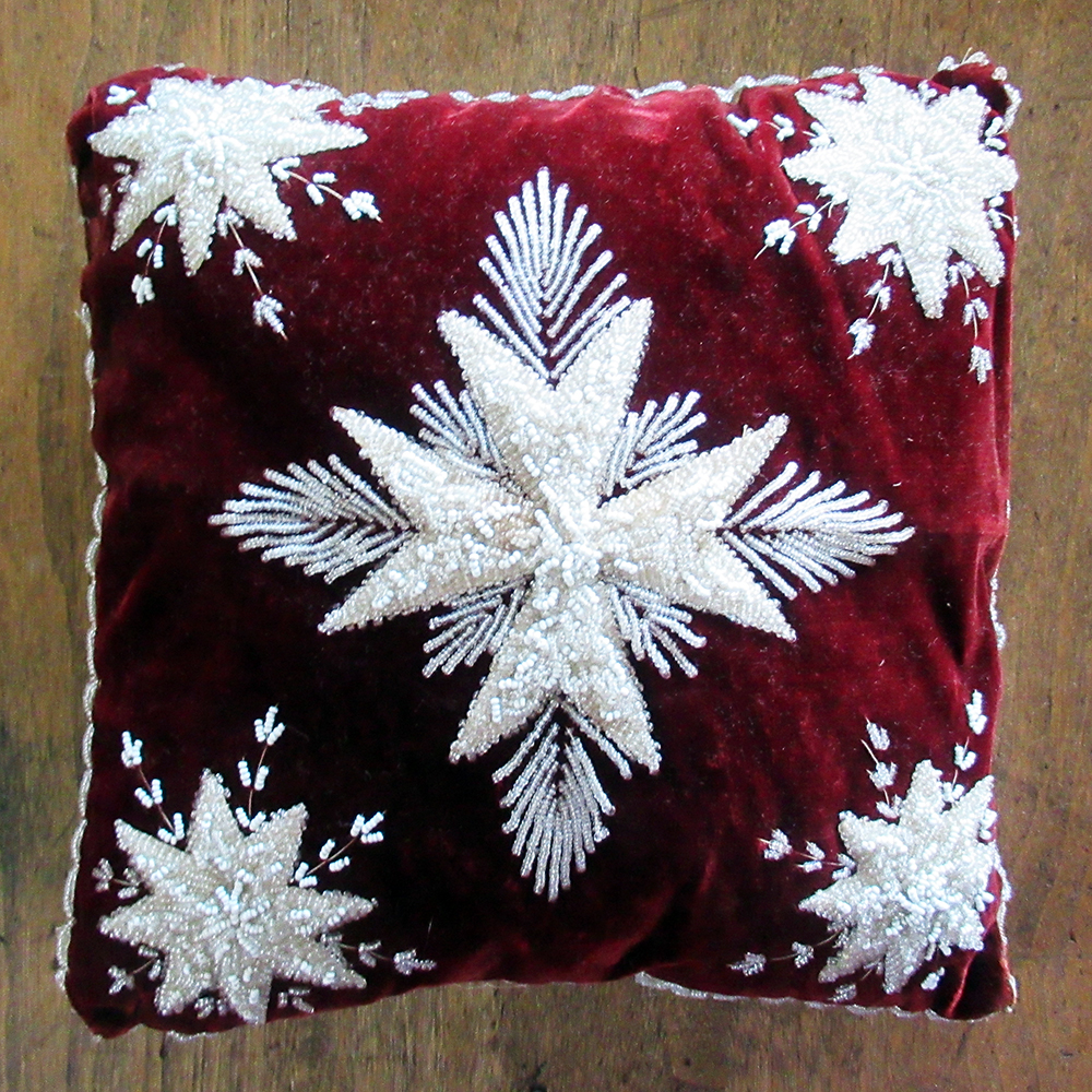Victorian era beadwork “pin pillow” on red velvet | SJ Designs