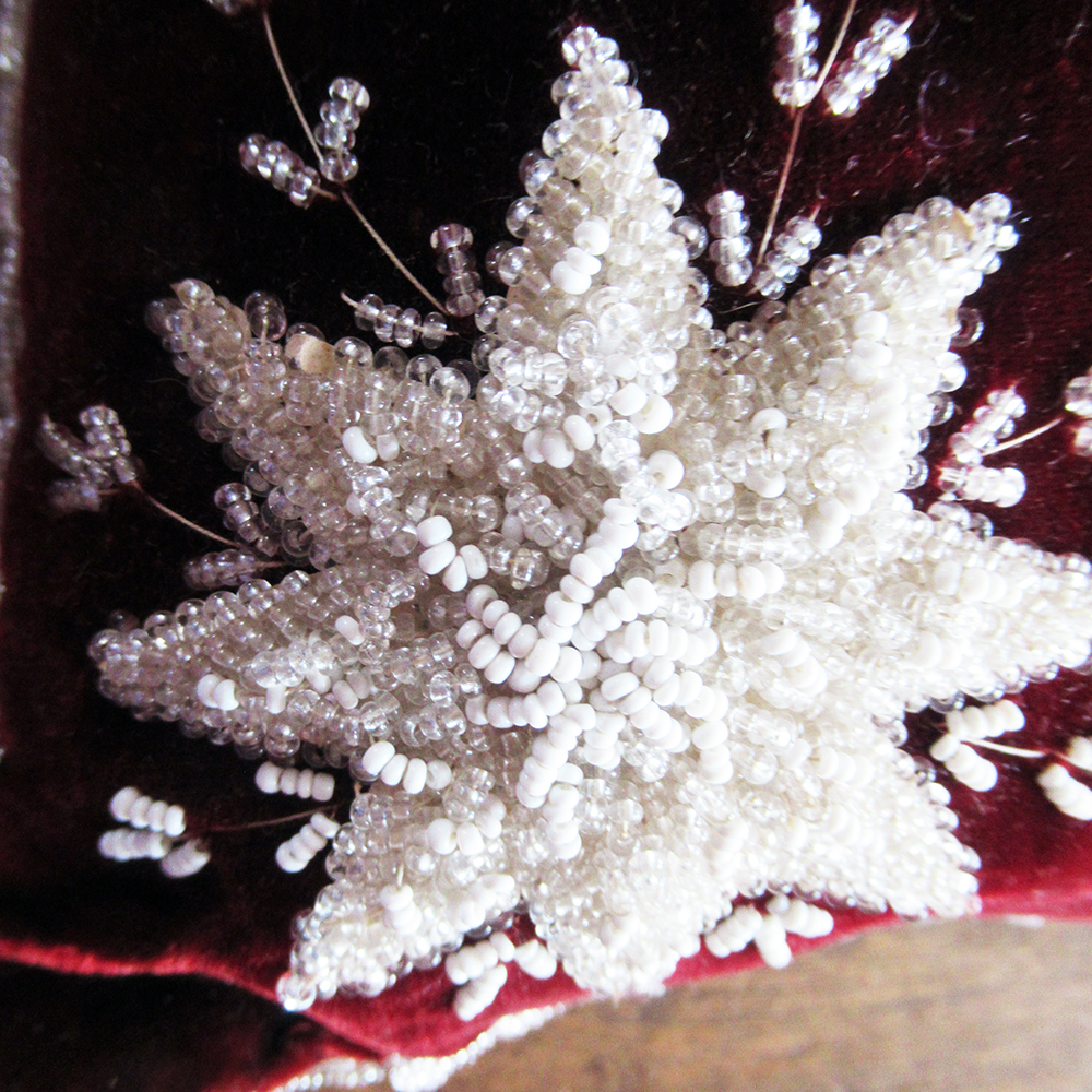 Victorian era beadwork “pin pillow” on red velvet | SJ Designs